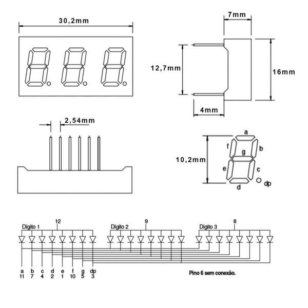 Display 7 Segmentos - Vermelho | Triplo | Anodo Comum | D3042ASR | 30x16mm